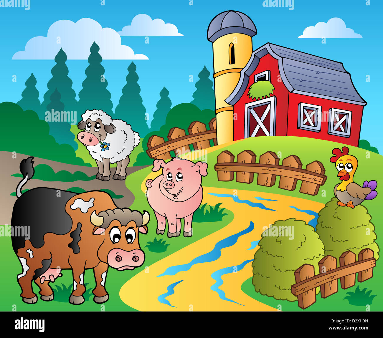Country scene with red barn 1 - color illustration Stock Photo - Alamy