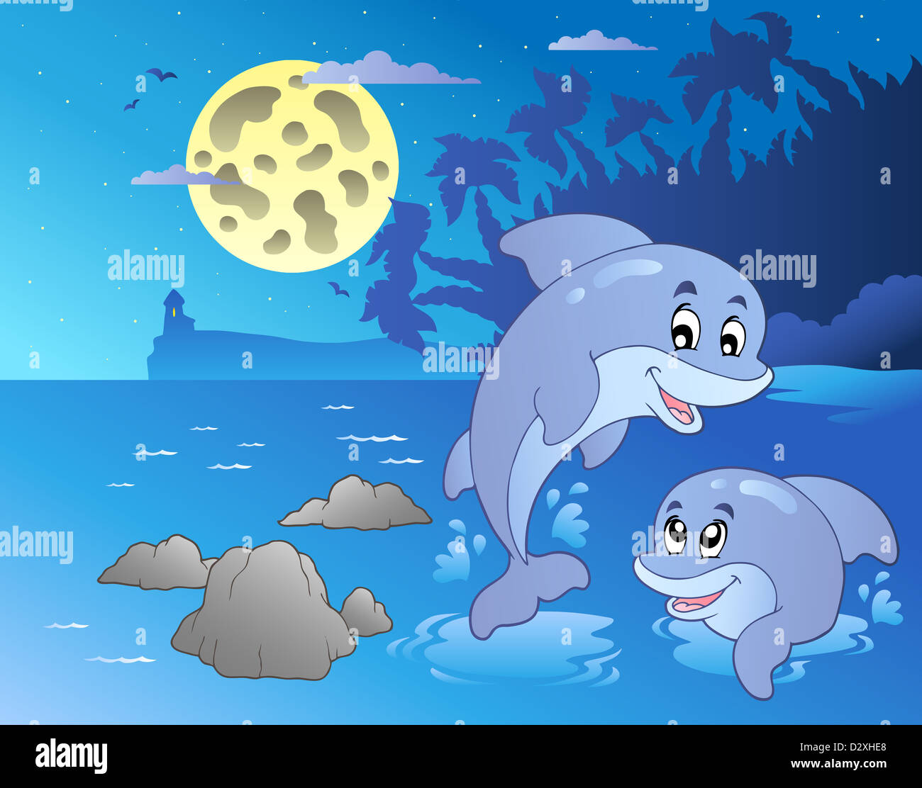 Night seascape with happy dolphins - color illustration Stock Photo - Alamy