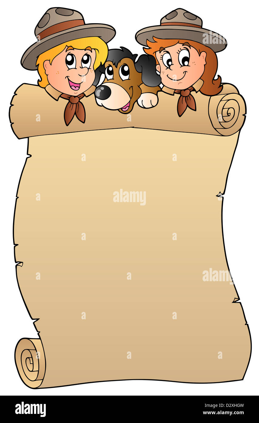 Scroll with two scouts and dog - isolated illustration Stock Photo - Alamy