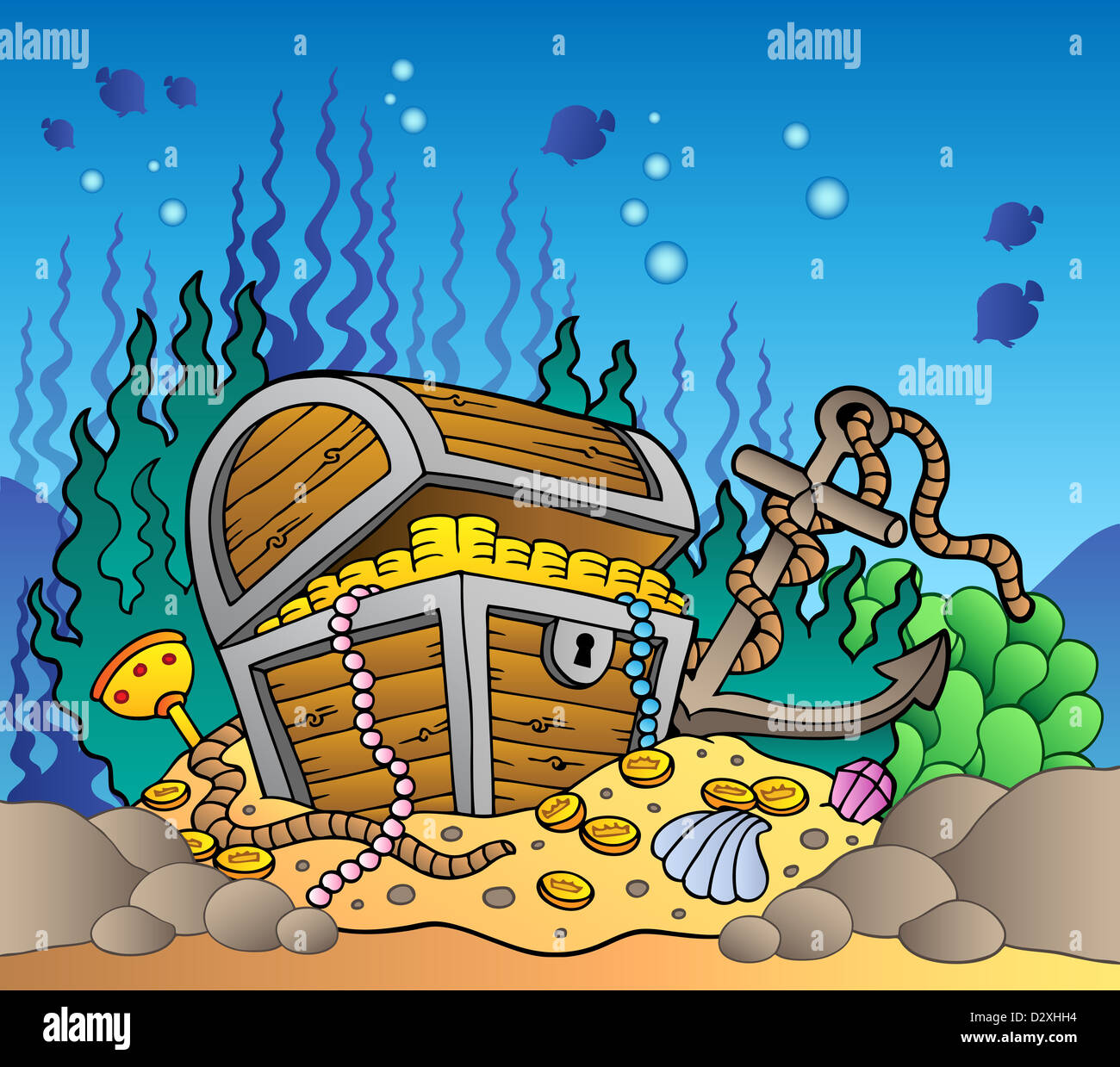 Sea bottom with old treasure chest - color illustration Stock Photo - Alamy