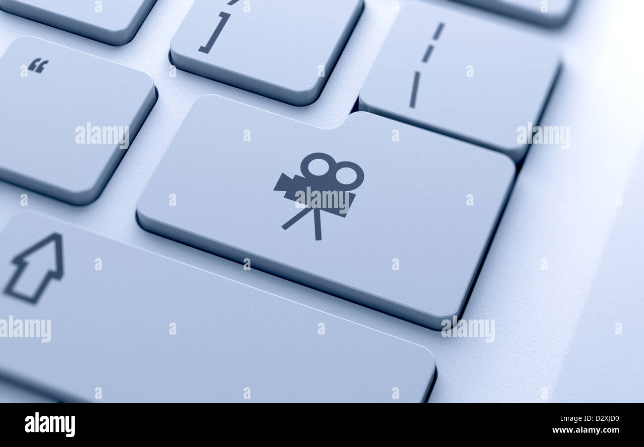 3d illustration of movie camera icon button on keyboard with soft focus ...
