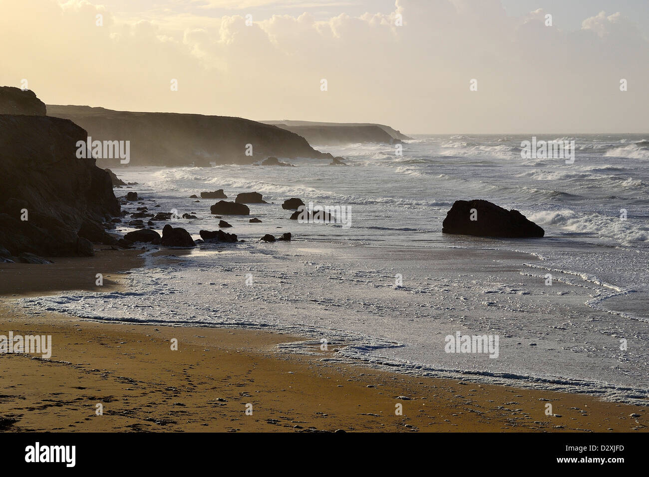 Waves breaking upon Port Blanc beach (Quiberon peninsula, Brittany ...