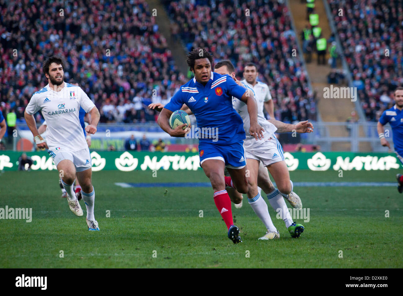 Six Nations rugby. Italy vs France. Benjamin Fall scores for France in ...