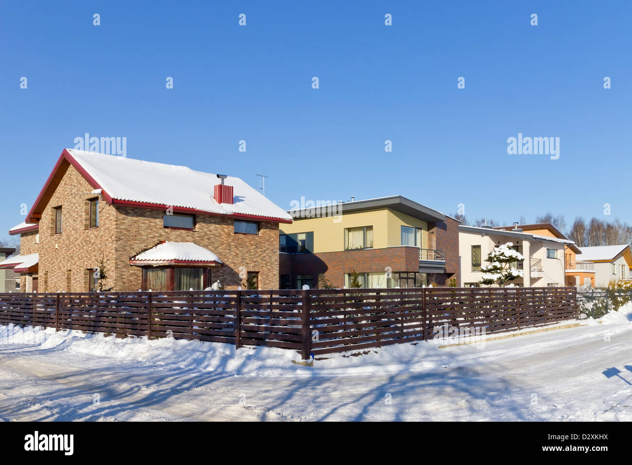 Modern European mass rural building village landscape, bright solar ...