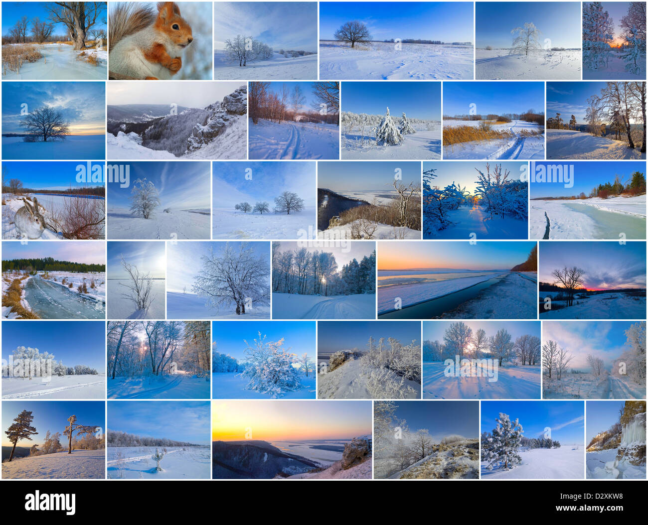 Winter time in Russia collage from natulal seasonal landscapes shots ...