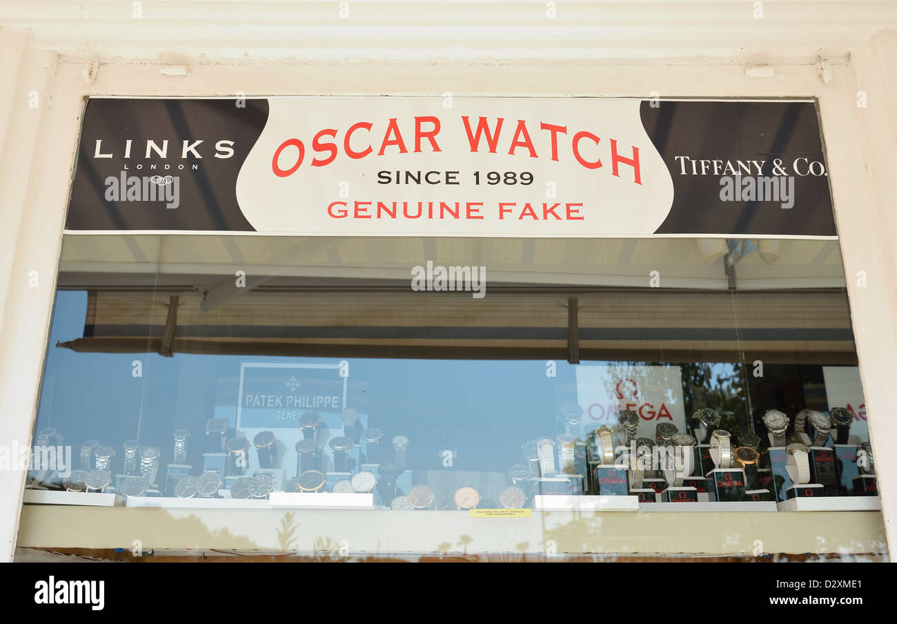 Genuine fake shop in Kalkan Turkey coastal holiday town Stock Photo - Alamy