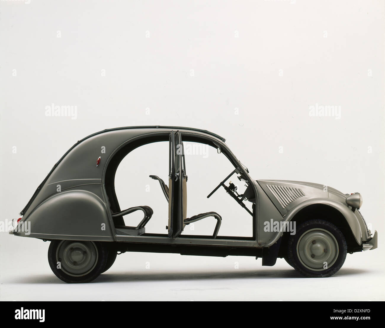 1950 citroen 2cv, side view, doors open, studio photograph, white ...