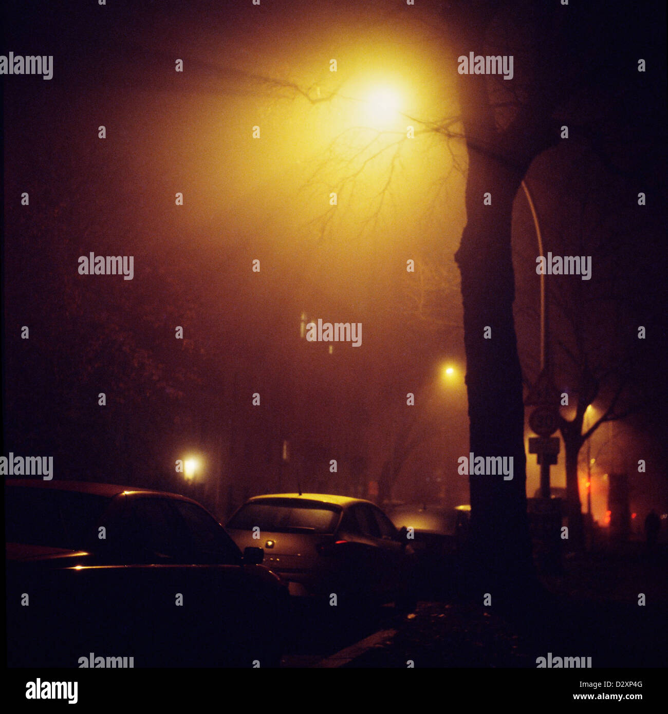 Berlin, Germany, illuminated street at night and fog Stock Photo - Alamy
