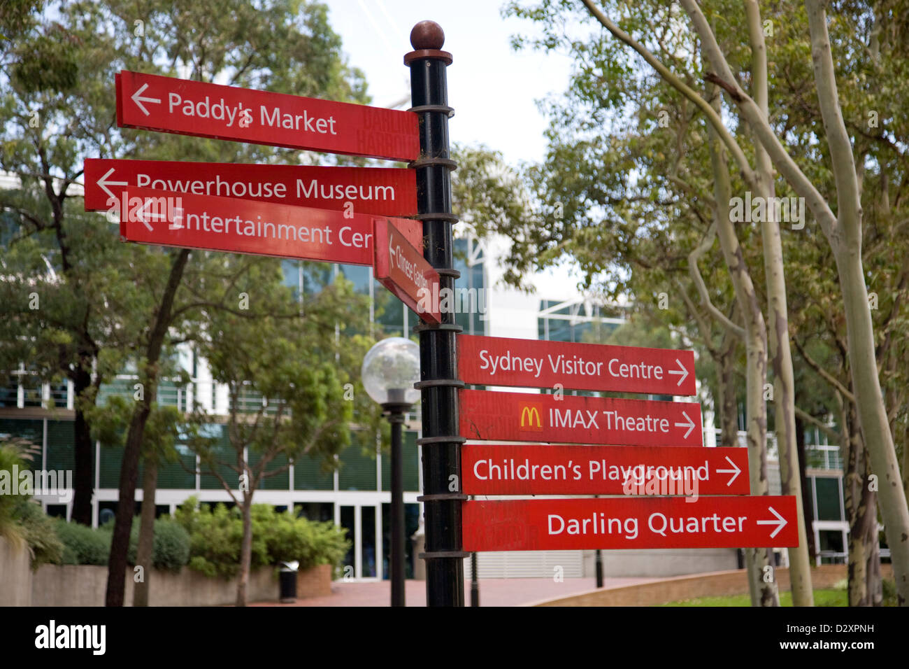 red signpost in sydney's darling harbour Stock Photo - Alamy
