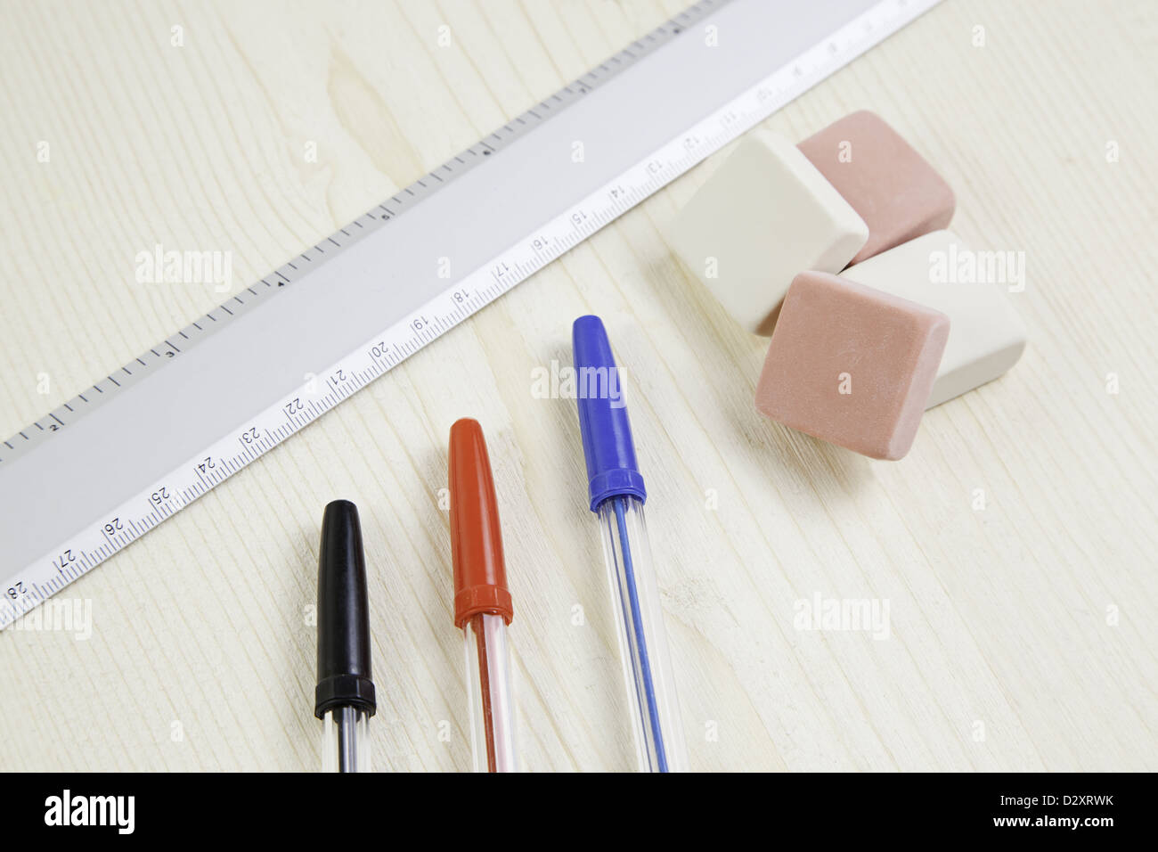 School supplies, pens with rubber detail and rule, education Stock ...