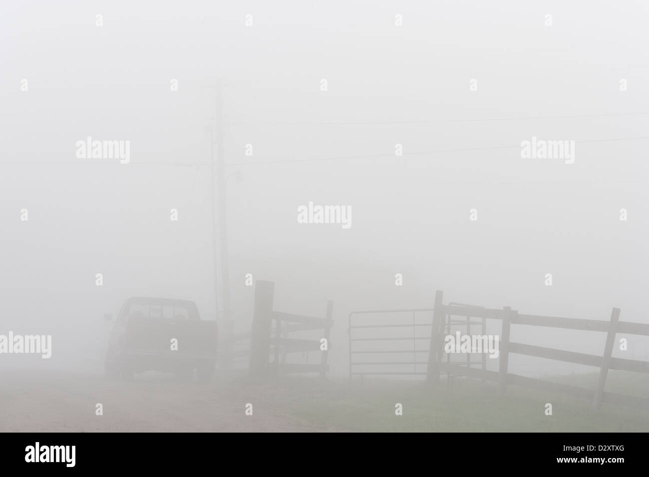 Pickup truck and a stockade gate and fence in early moring fog, Stowe ...