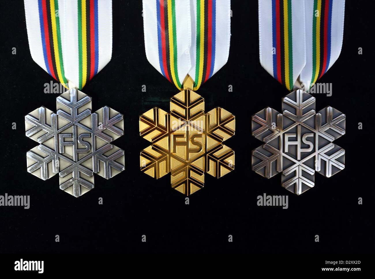 The FIS silver, gold and bronze medal are pictured in Schladming ...