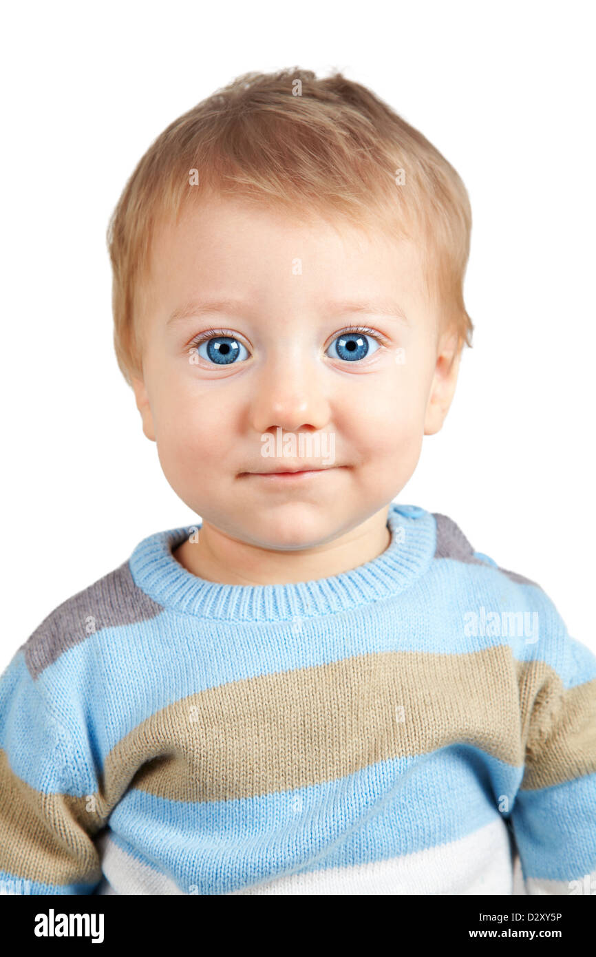 Closeup portrait of a sweet little adorable child over white background ...