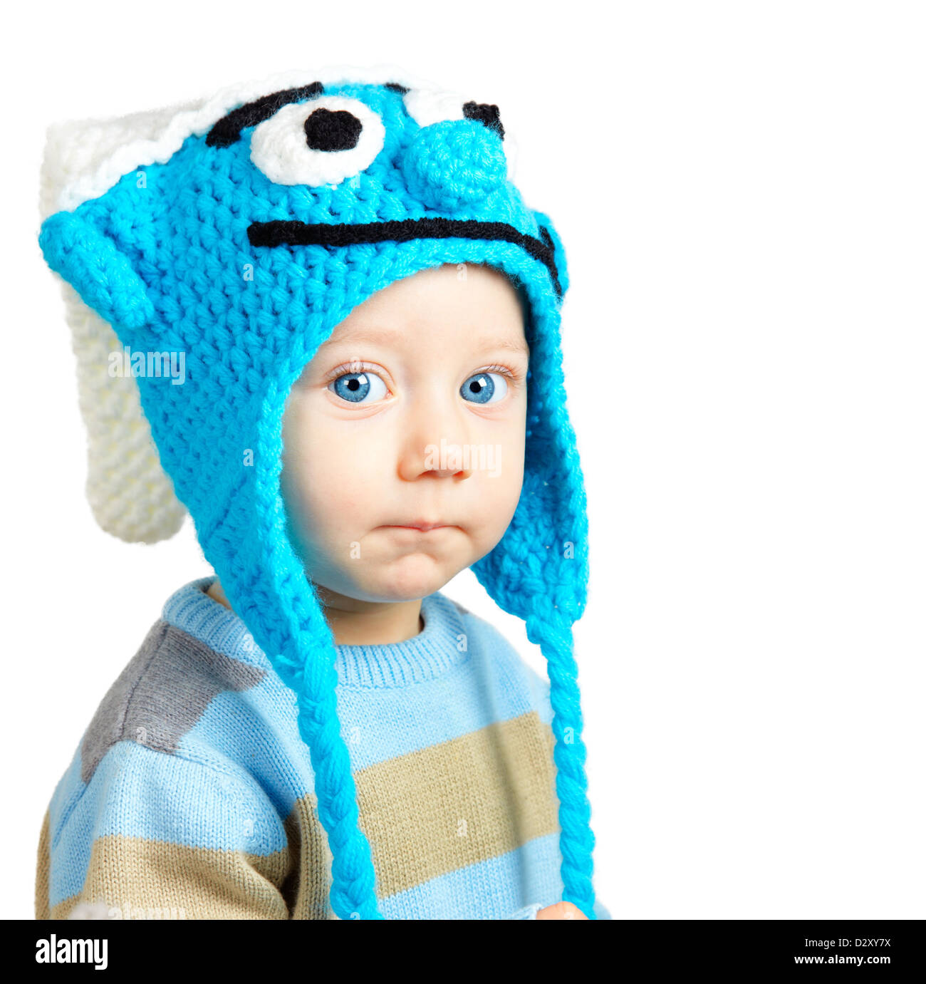 Closeup portrait of a sweet little adorable child over white background ...