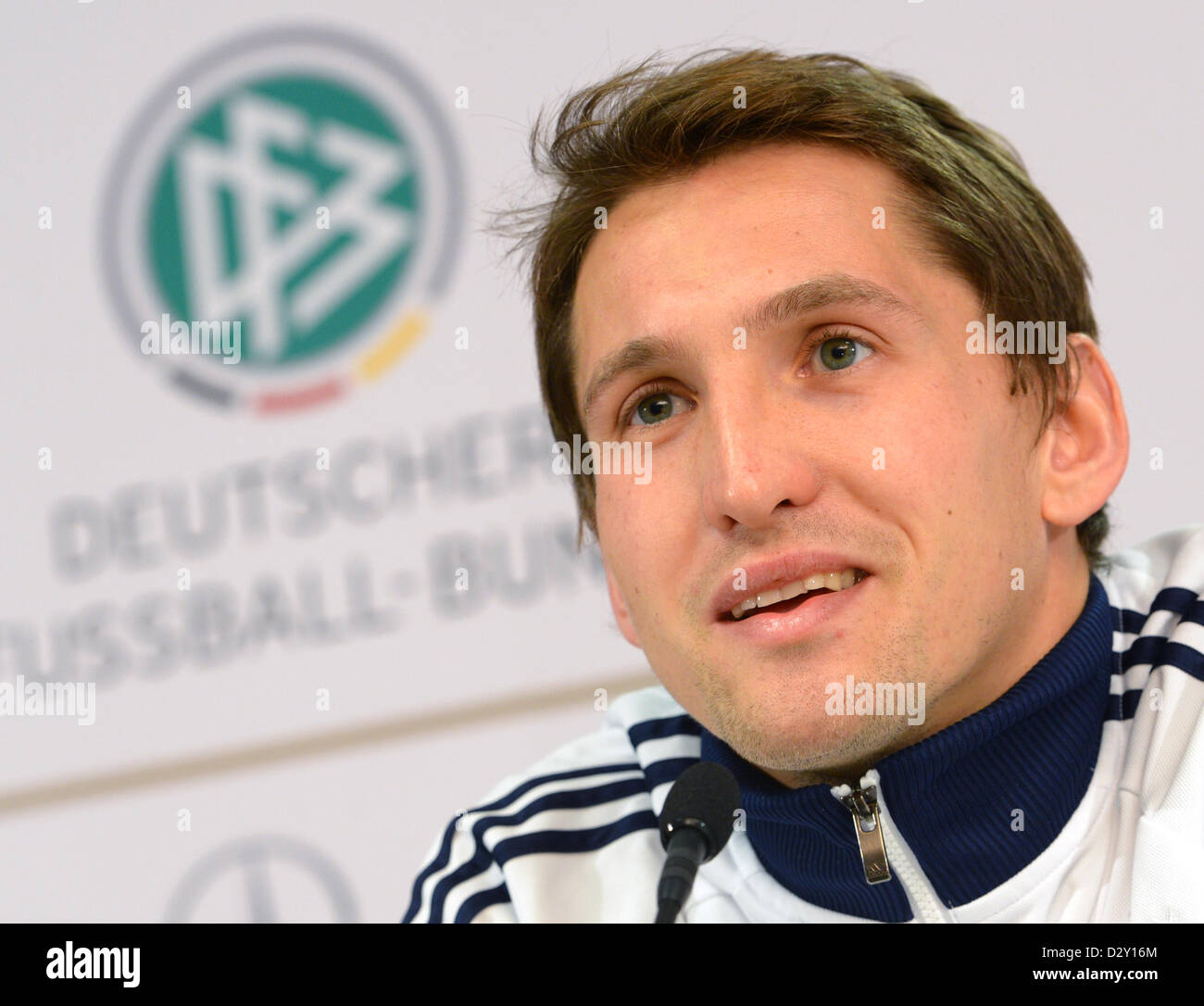 Germany's goalkeeper Rene Adler take part in a press conference held by ...