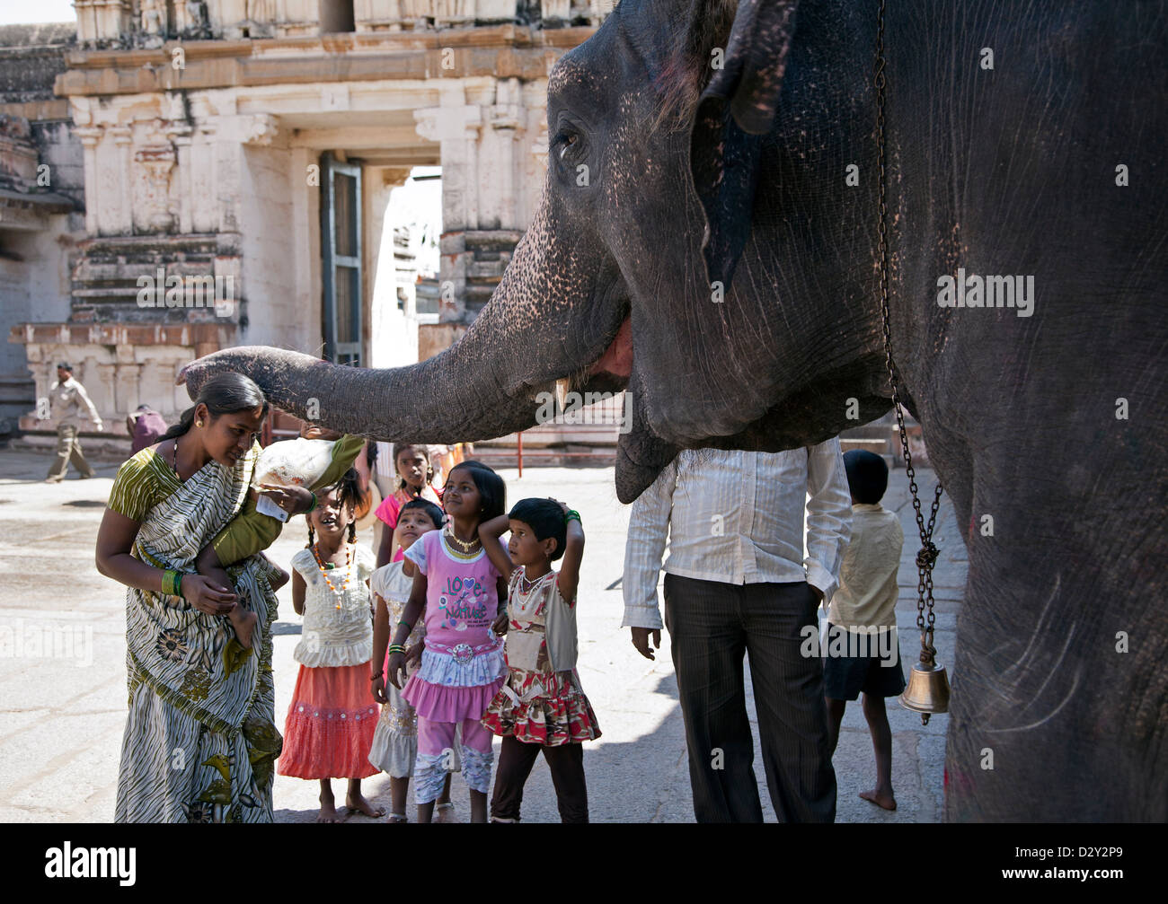 Elephant blessing a woman (hindu ritual). Virupaksha temple. Hampi ...
