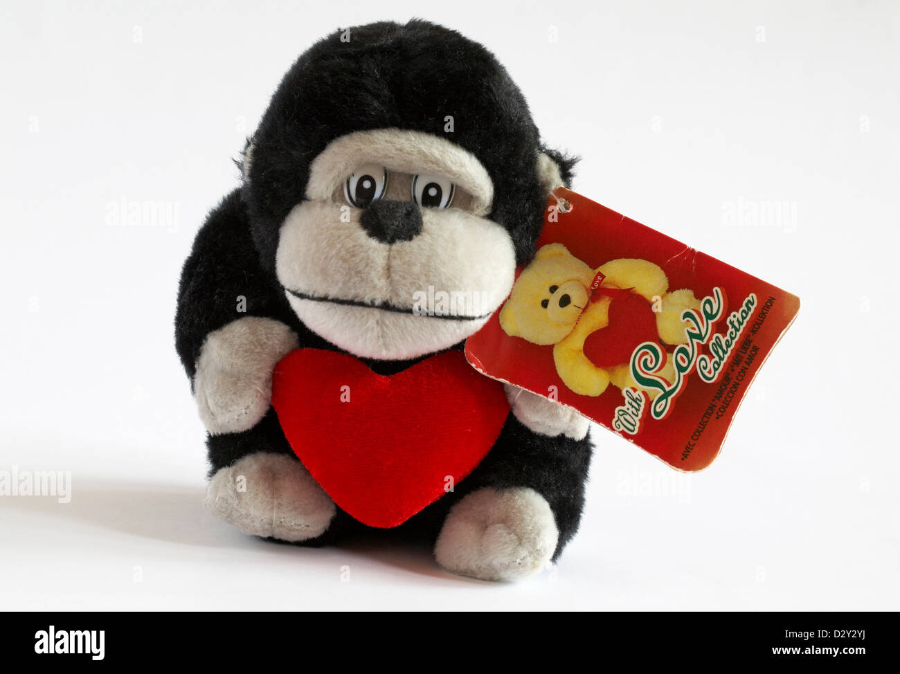 Chimp holding red heart soft cuddly toy isolated on white background ...