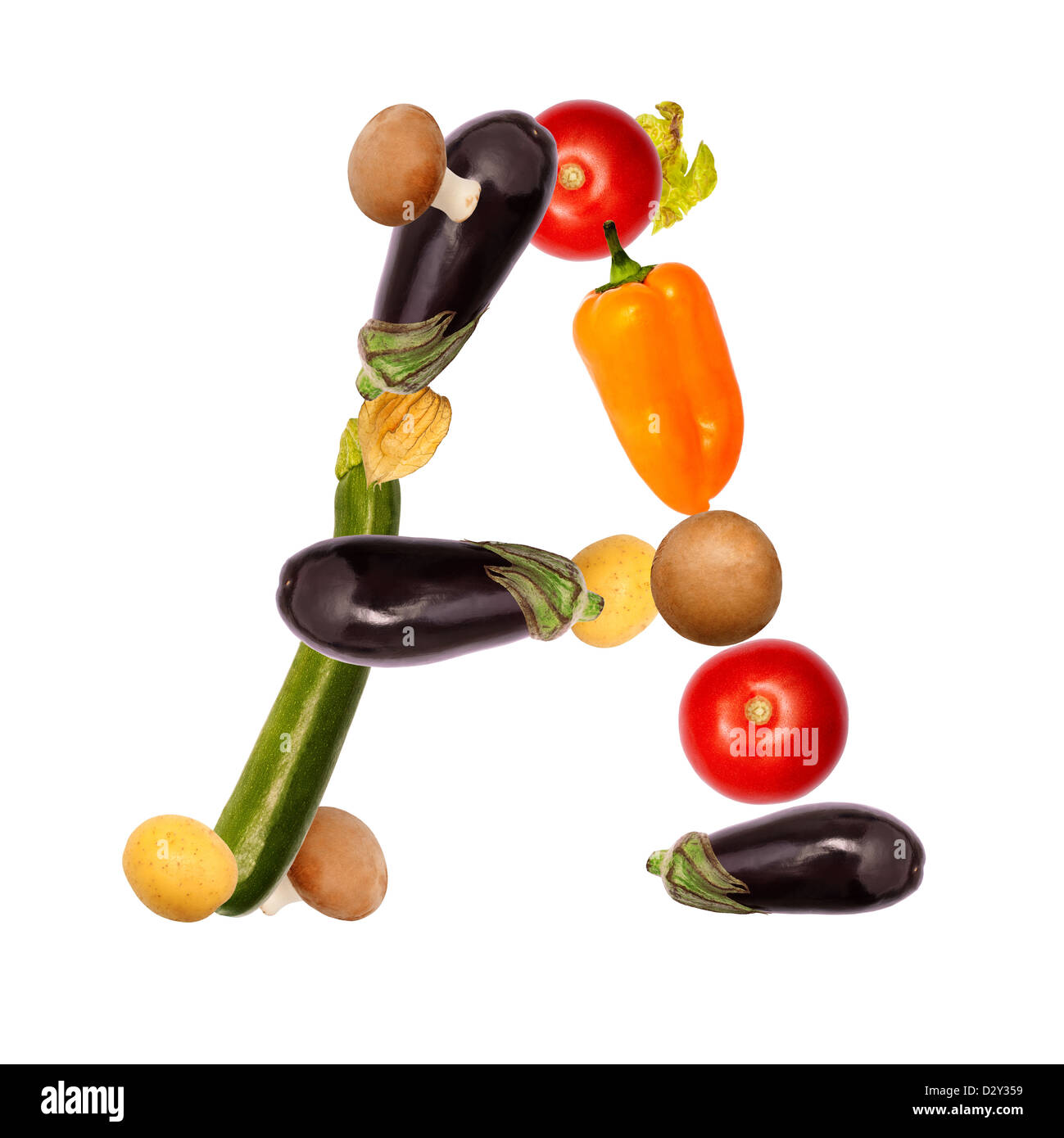 The letter A, builded with various fruits and vegetables, complete font ...