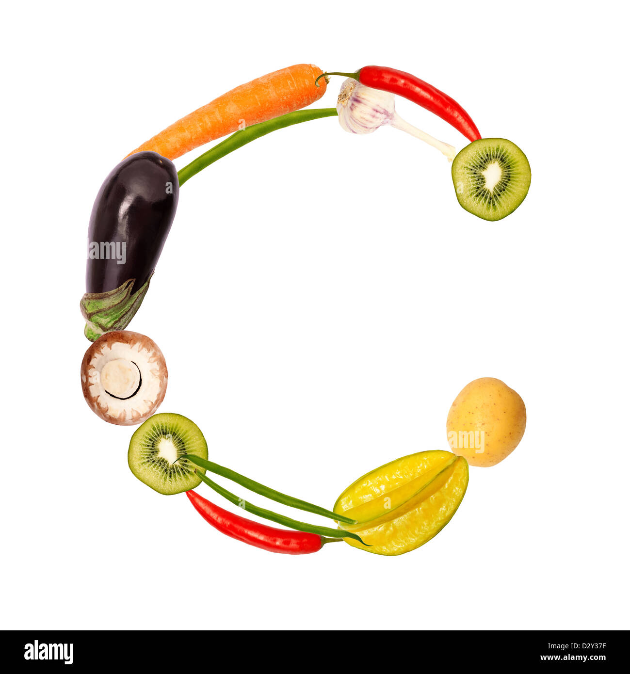 The letter c, builded with various fruits and vegetables, complete font ...