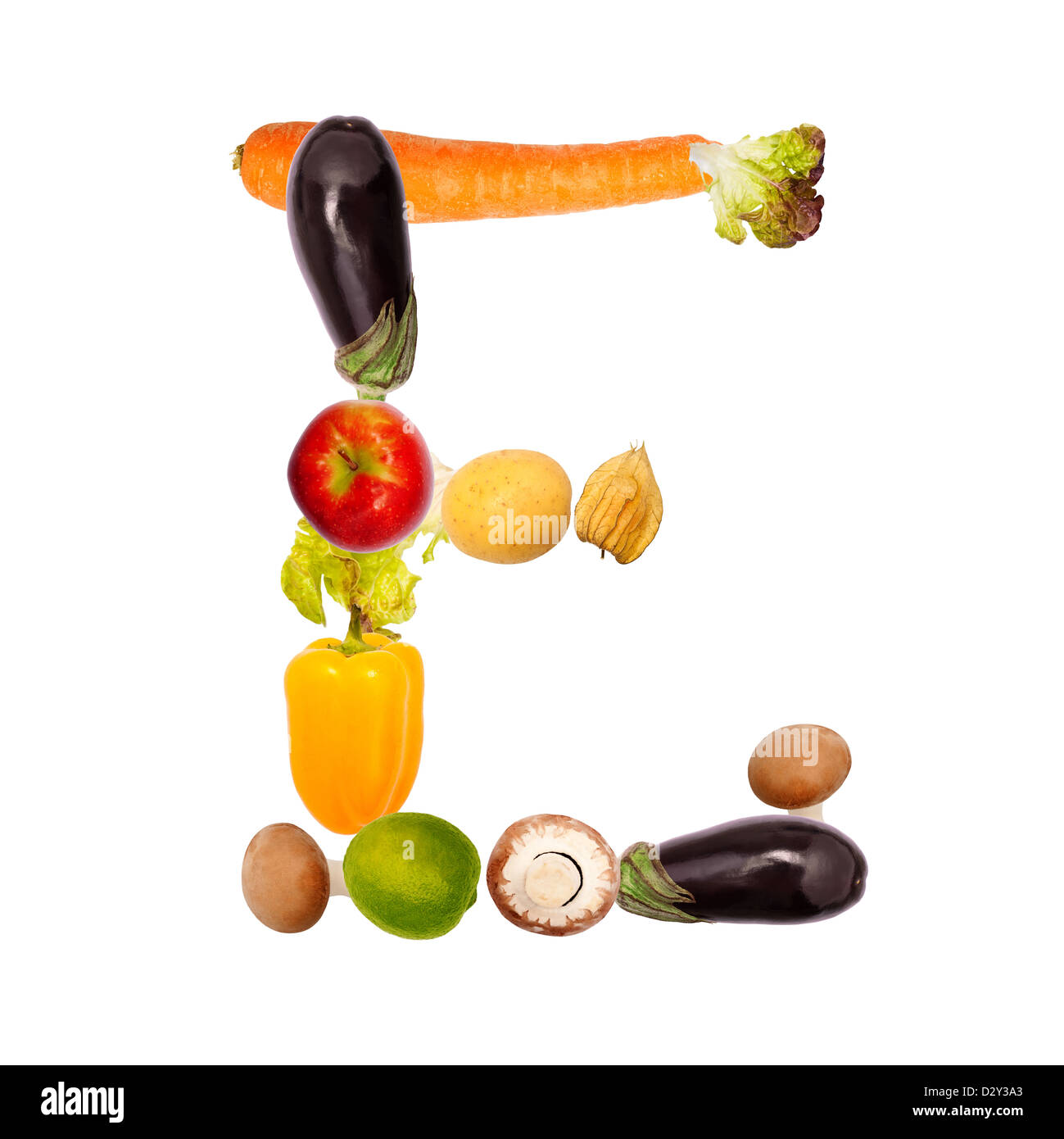 The letter e, builded with various fruits and vegetables, complete font ...