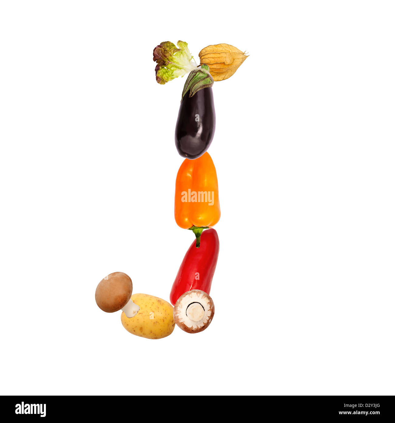 The letter j, builded with various fruits and vegetables, complete font ...