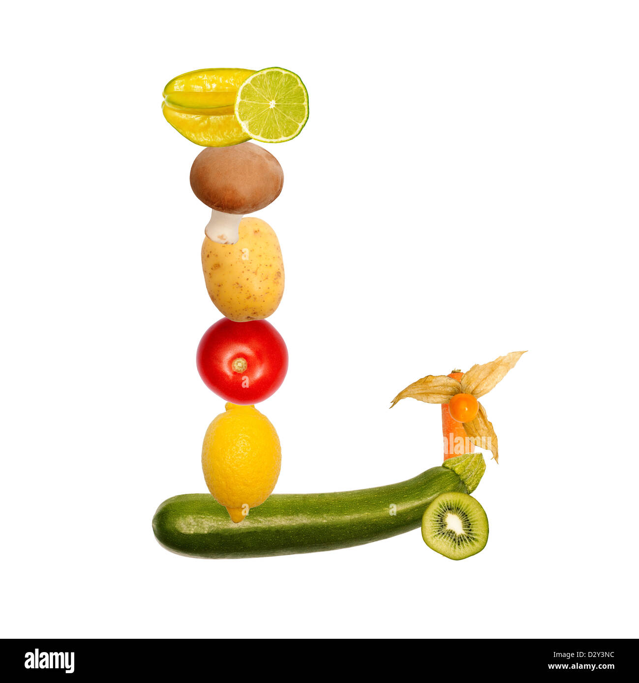 The letter l, builded with various fruits and vegetables, complete font ...