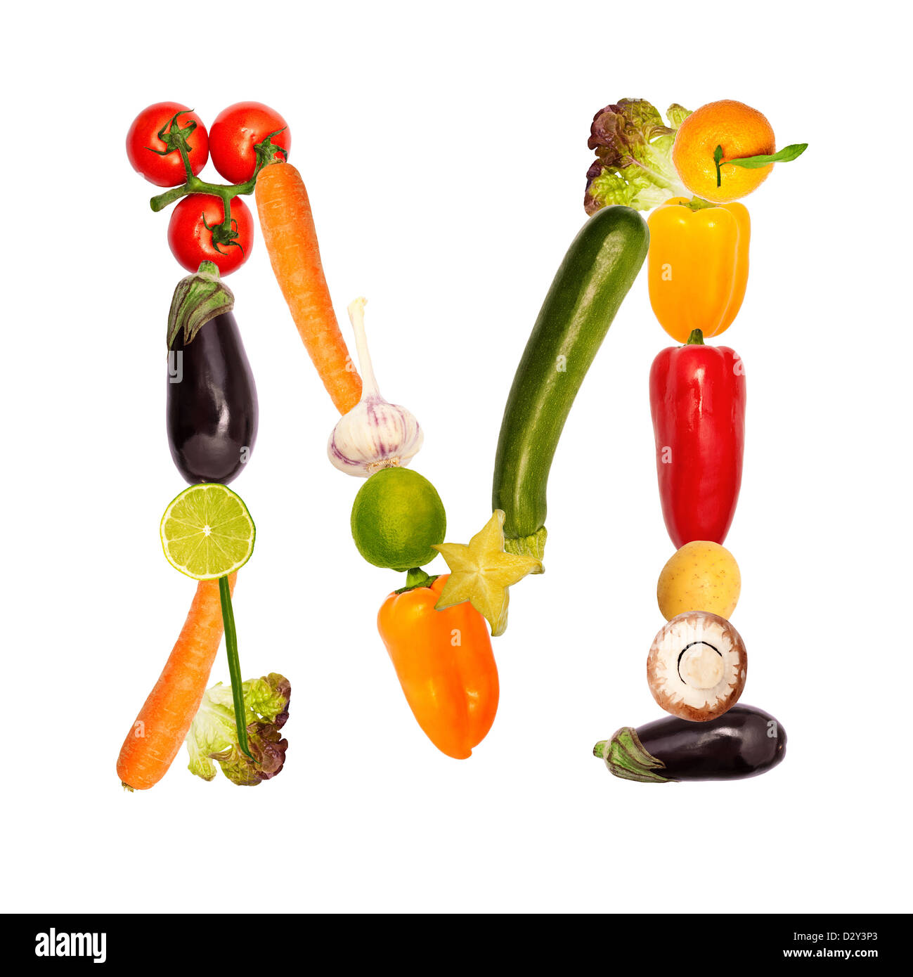 The letter m, builded with various fruits and vegetables, complete font ...
