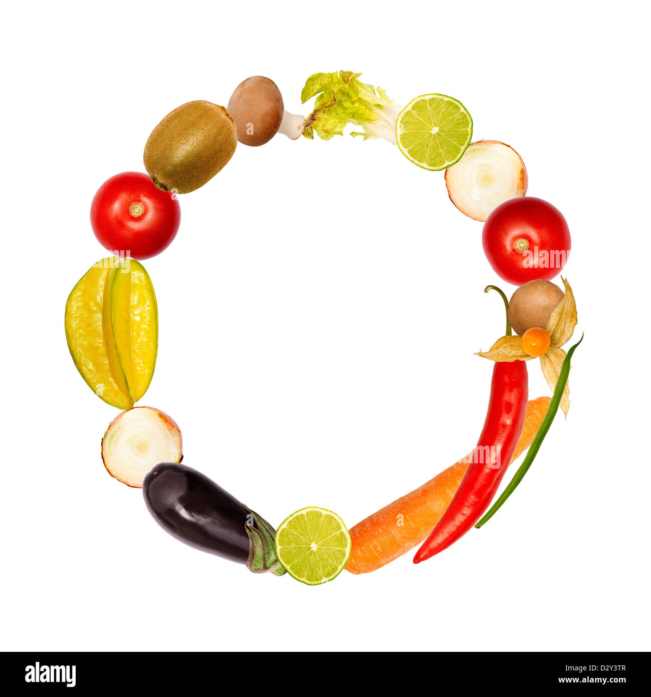 The letter o, builded with various fruits and vegetables, complete font ...