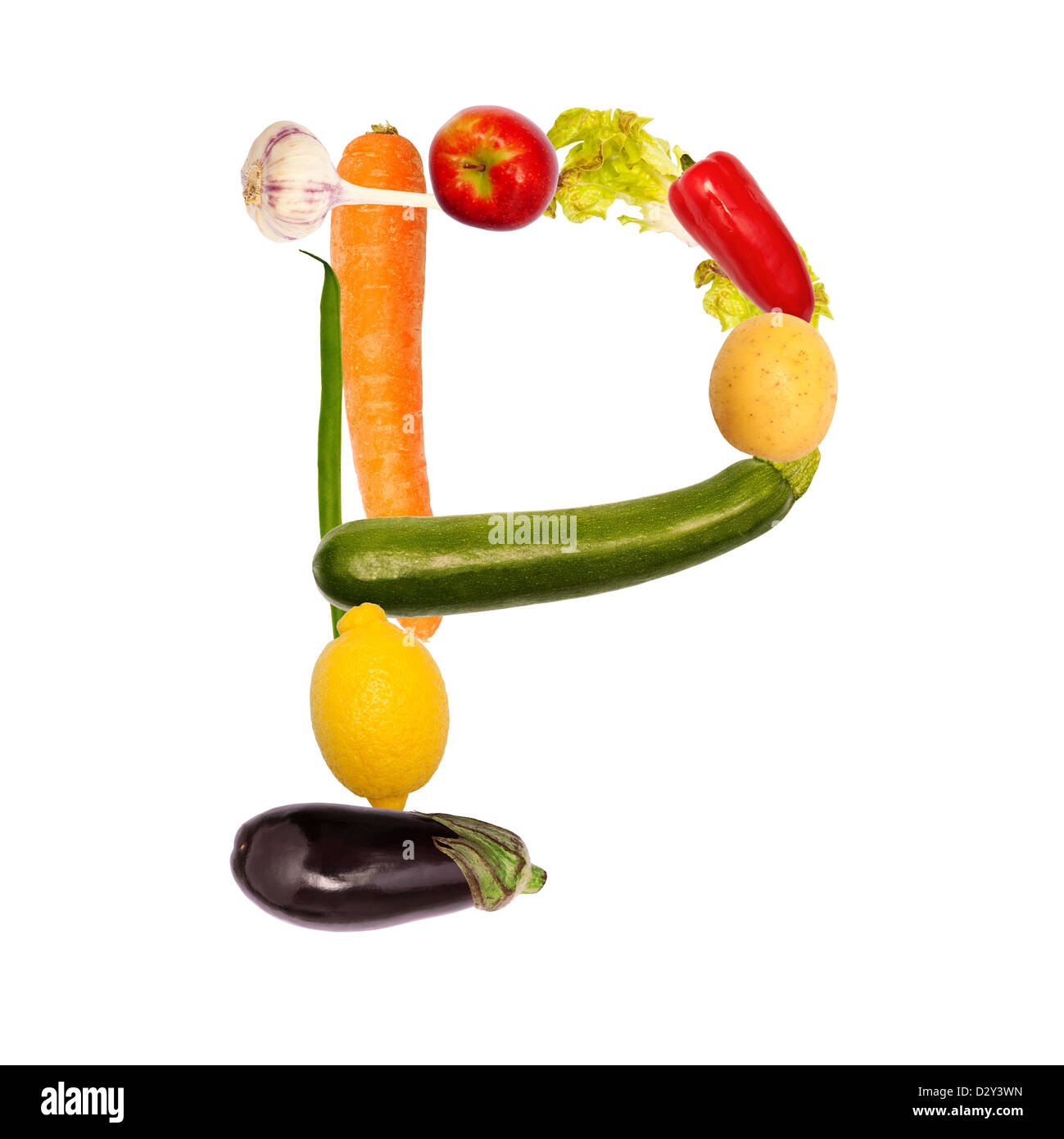 The letter p, builded with various fruits and vegetables, complete font ...