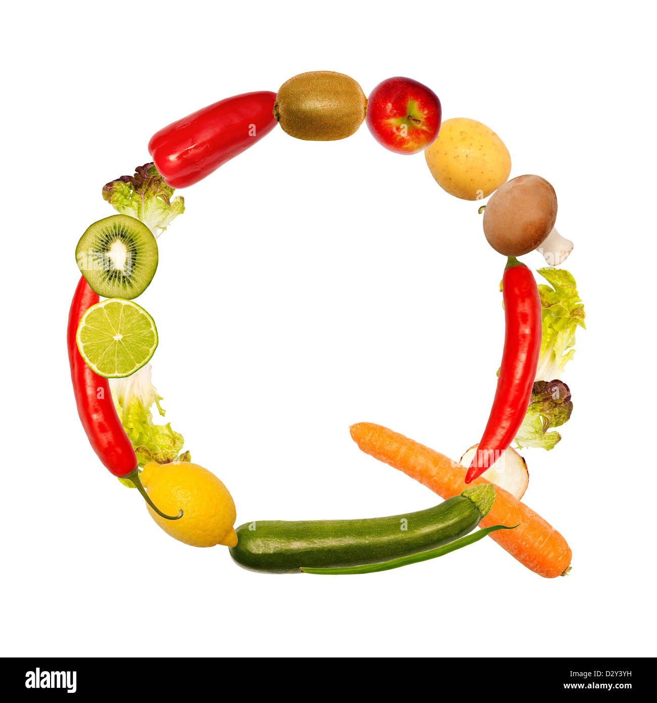 The letter q, builded with various fruits and vegetables, complete font ...