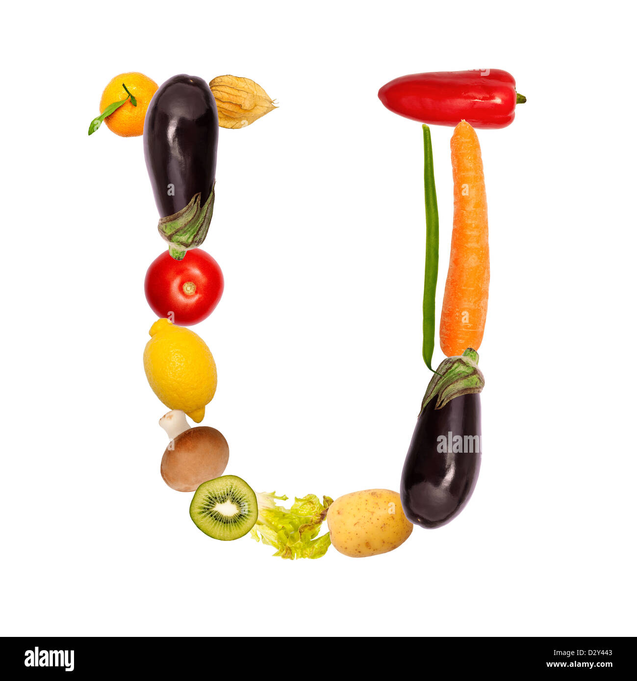 The letter u, builded with various fruits and vegetables, complete font ...