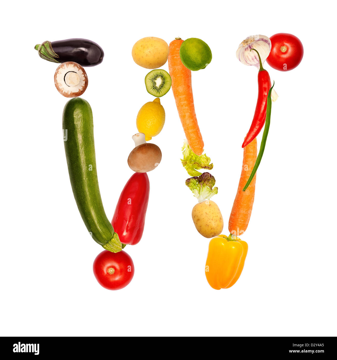 The letter w, builded with various fruits and vegetables, complete font ...