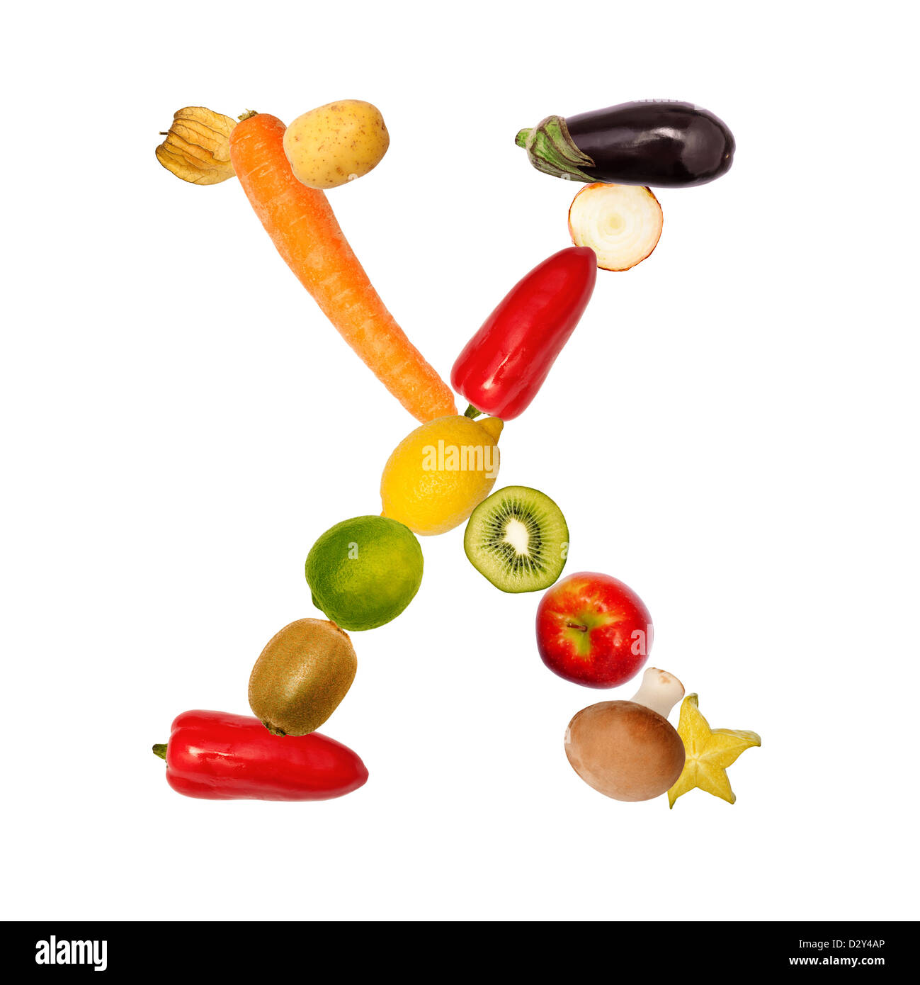 The letter x, builded with various fruits and vegetables, complete font ...