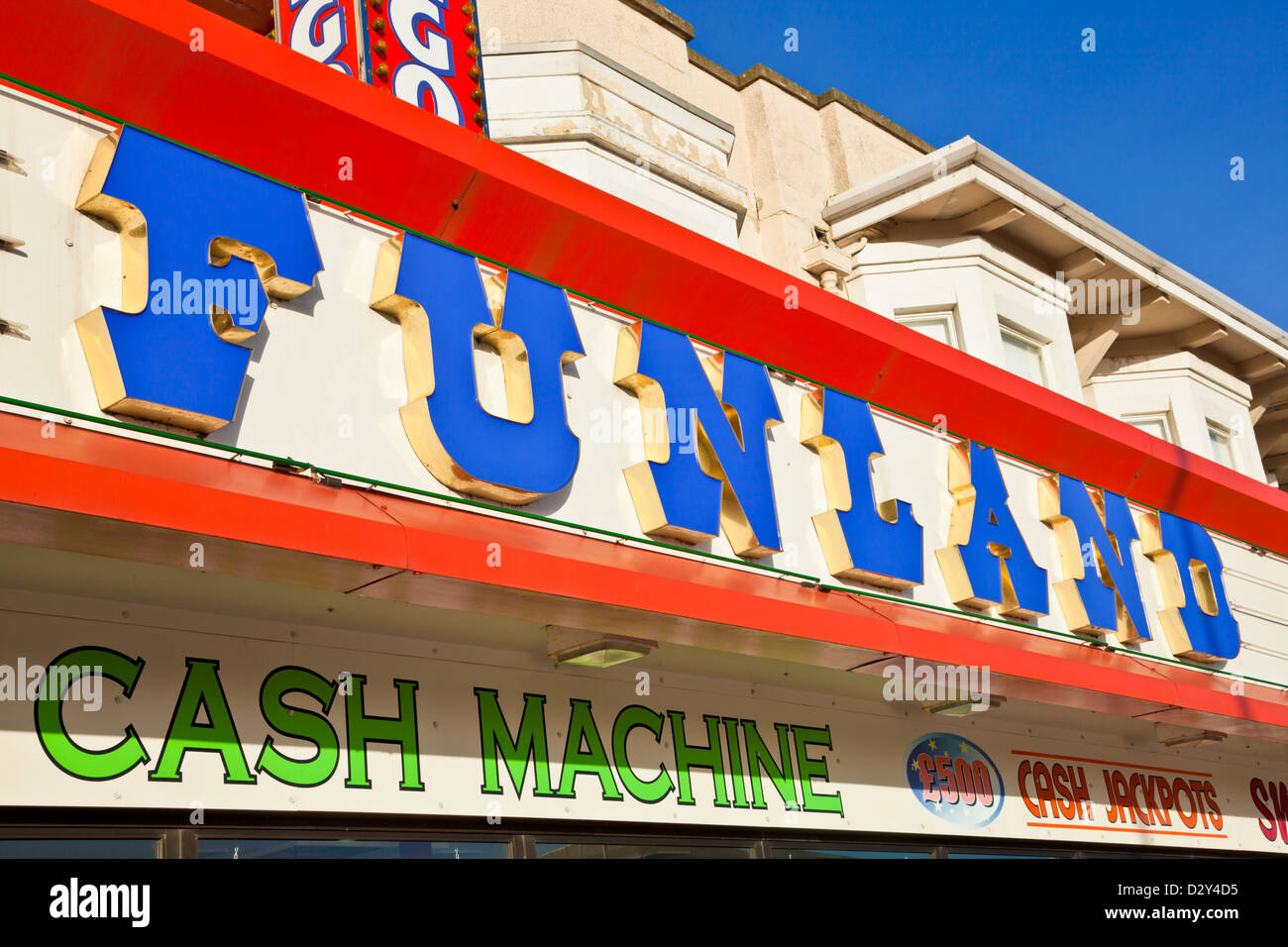 Funland amusement arcade sign Skegness seafront Lincolnshire England UK ...