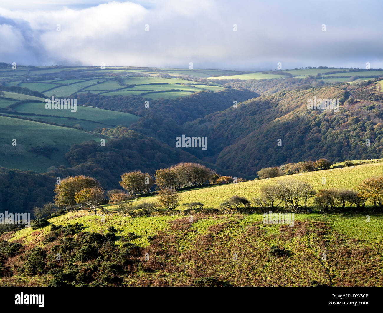 Exmoor national park viewed from Countisbury, with patches of Sun Light ...