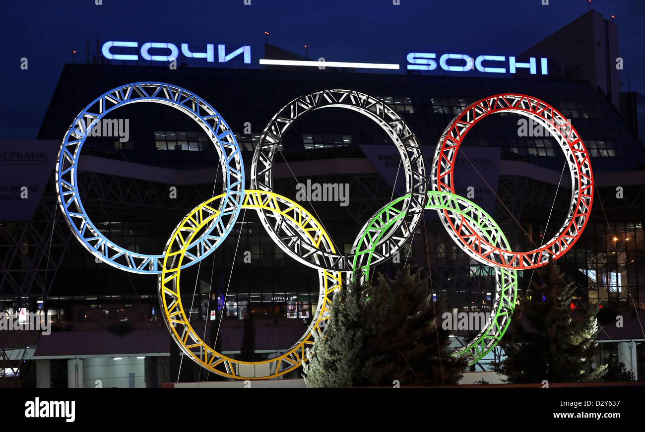 The Olympic rings stand in front of the "Adler" Airport in Sochi ...