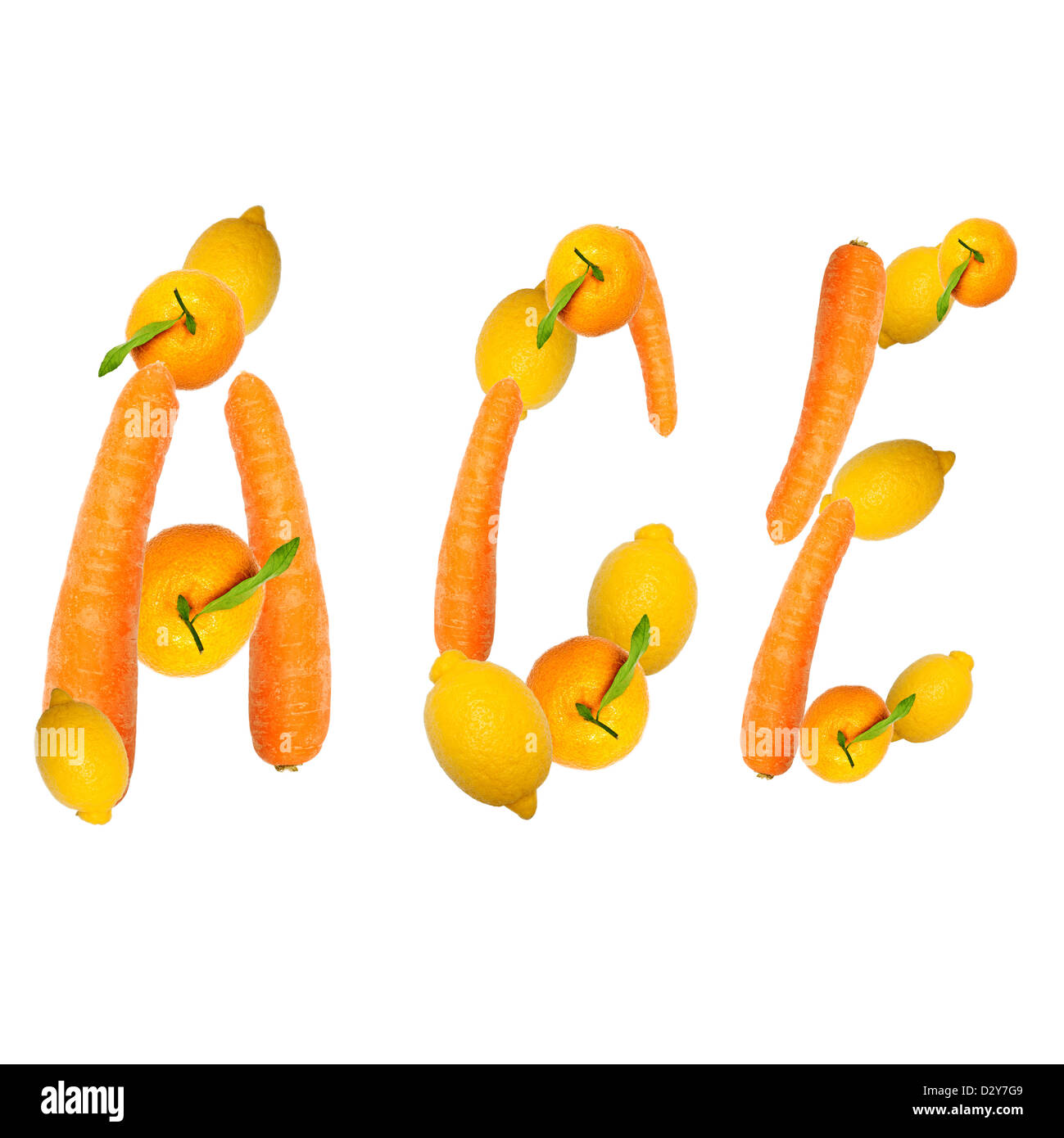 multivitamin ace letter of three fruits Stock Photo - Alamy