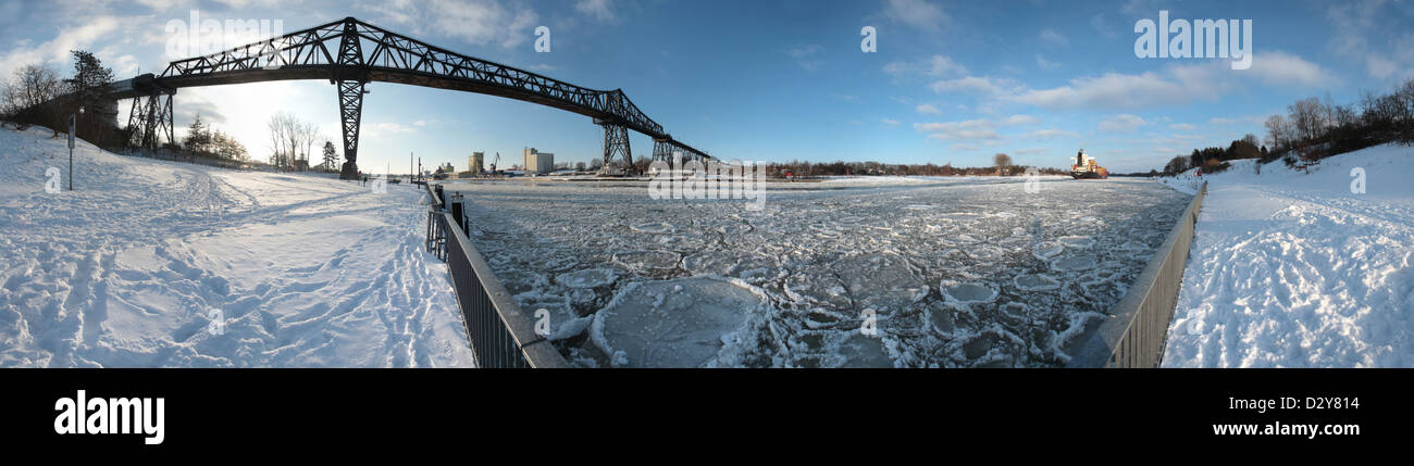 Rendsburg, Germany, the Kiel Canal and the historic railroad bridge ...