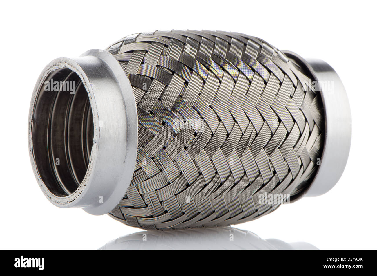 Flexible tube connection to the car exhaust system on white background ...