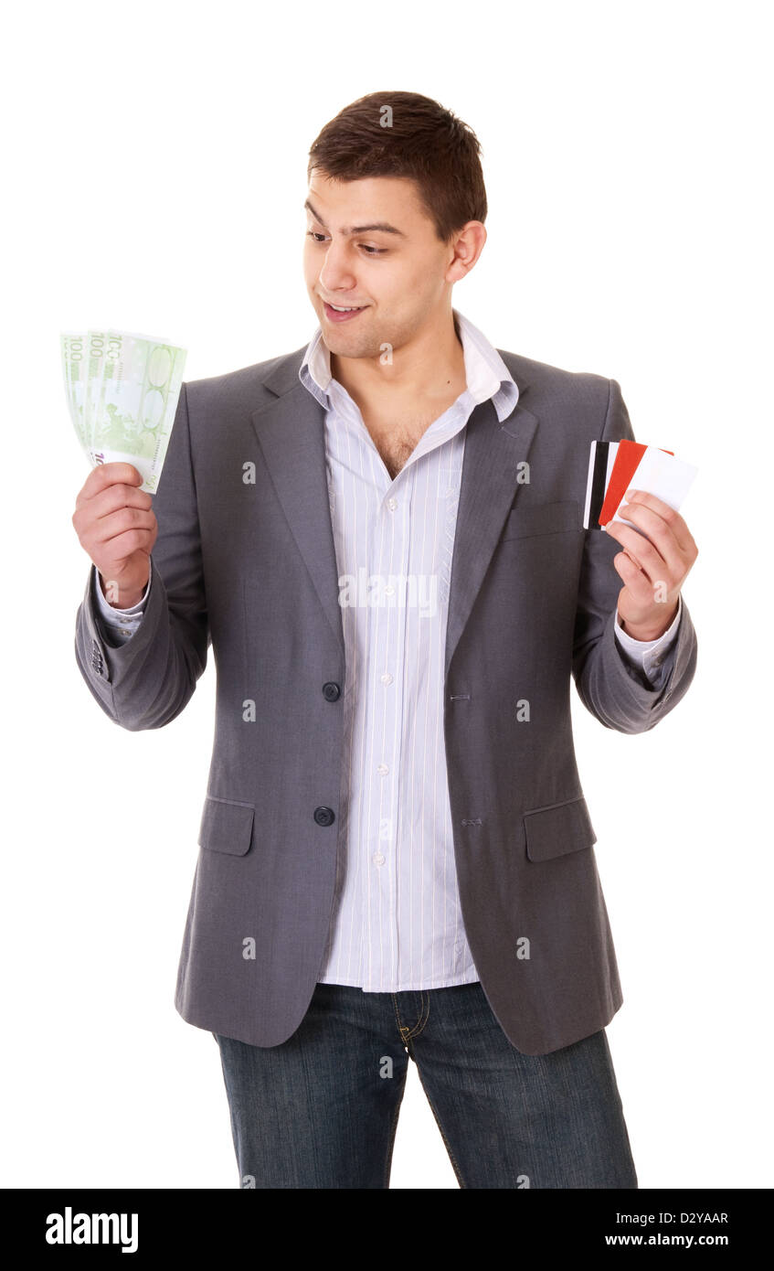 business man chossing what is better encash money or cards Stock Photo ...