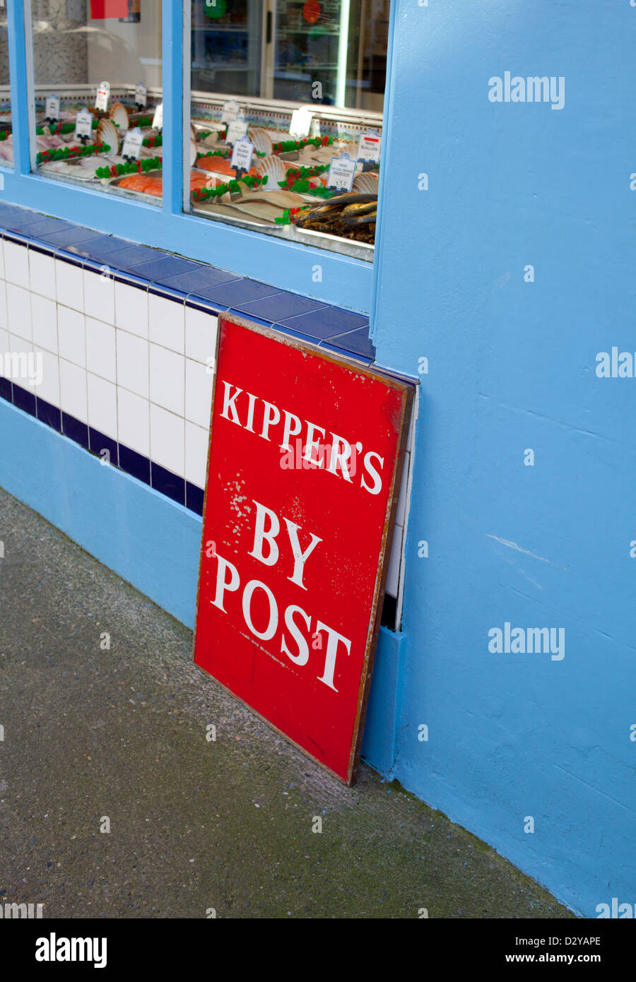 Kippers by Post sign outside fish shop in Ramsey, Isle of Man Stock ...