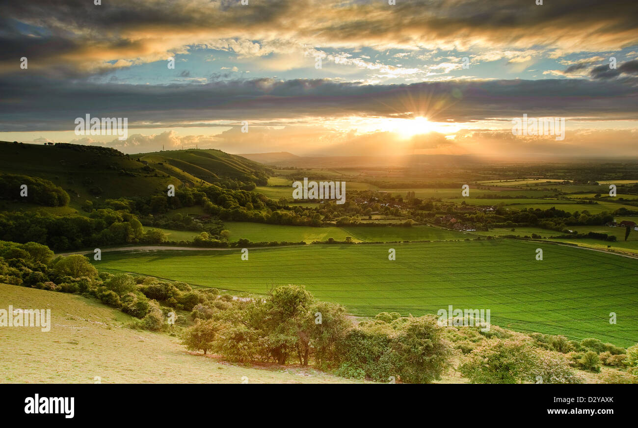 Landscape over English countryside landscape in Summer sunset Stock ...