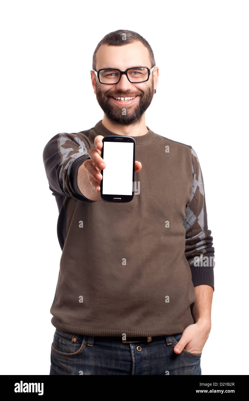 Young man holding a mobile phone Stock Photo - Alamy