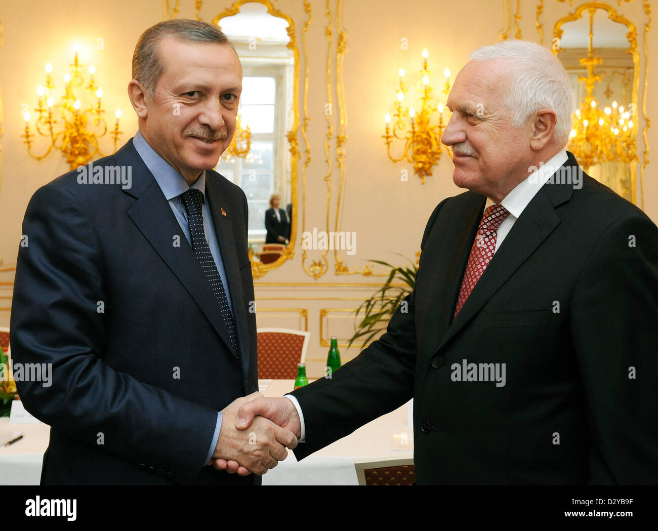 Prime minister of Turkey Recep Tayyip Erdogan (left) is welcomed by the ...