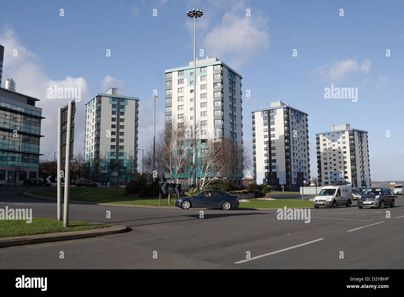 Clad buildings and busy traffic roundabout in Sheffield England UK ...