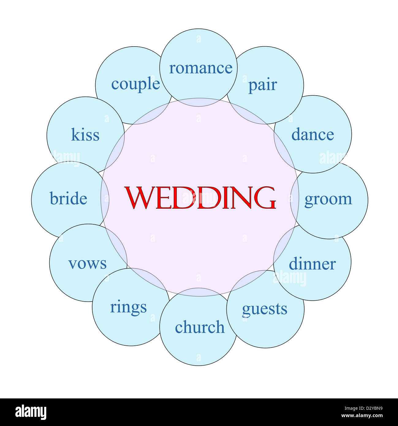 Wedding concept circular diagram in pink and blue with great terms such ...