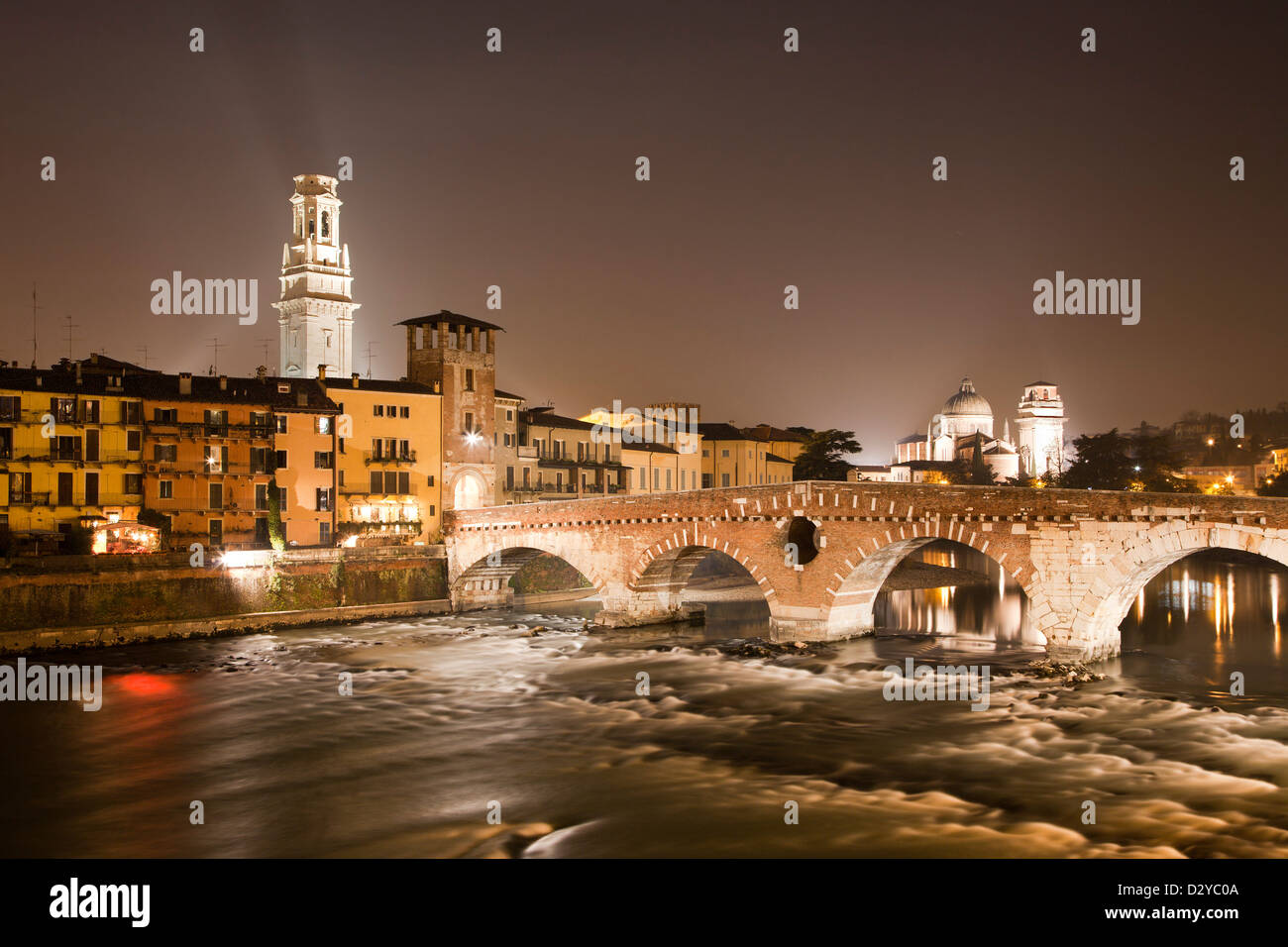 Verona - Pietra bridge at night - Ponte Pietra and Duomo tower and San ...