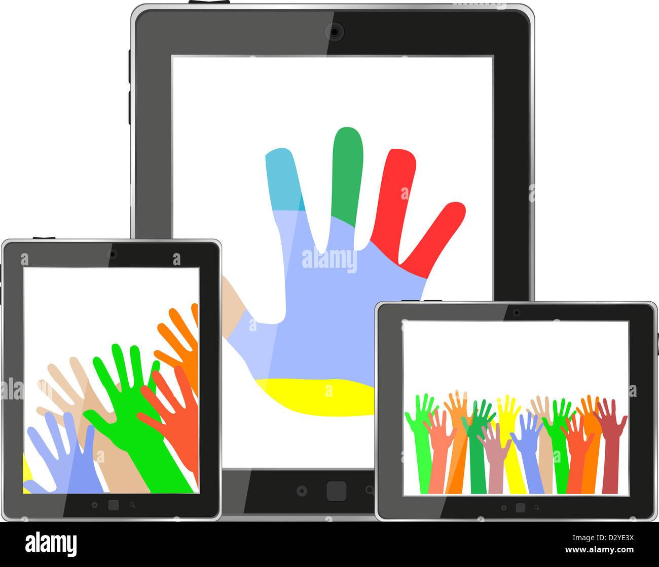 Hands on tablet pc screen. digital devices set Stock Photo - Alamy