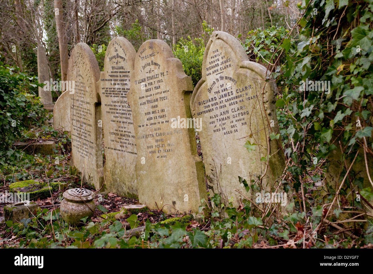 Gravestones and memorials in Highgate Cemetery, east side, London Stock ...