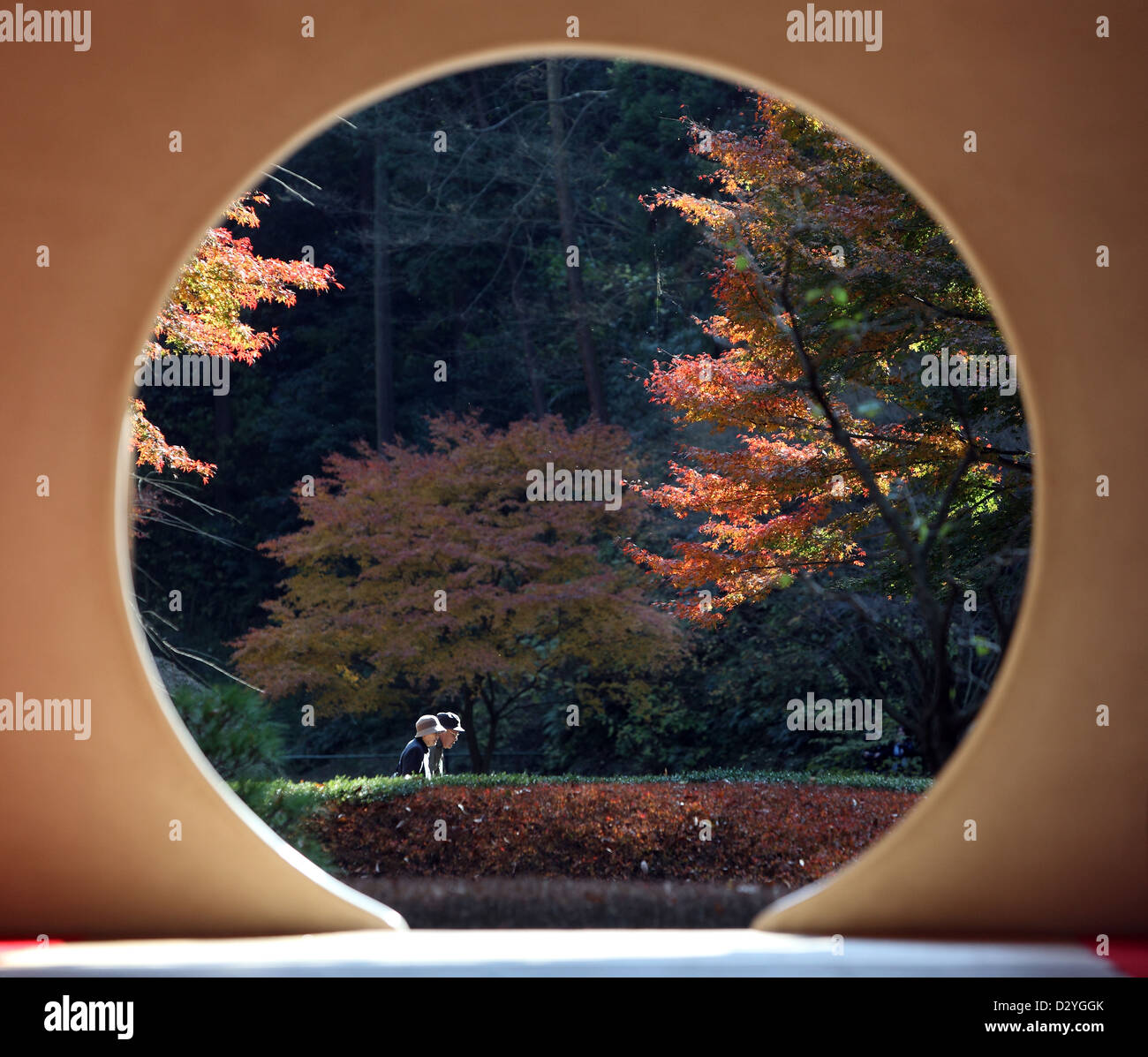 Kamakura, Japan, look through the round window in Meigetsu-in Temple ...